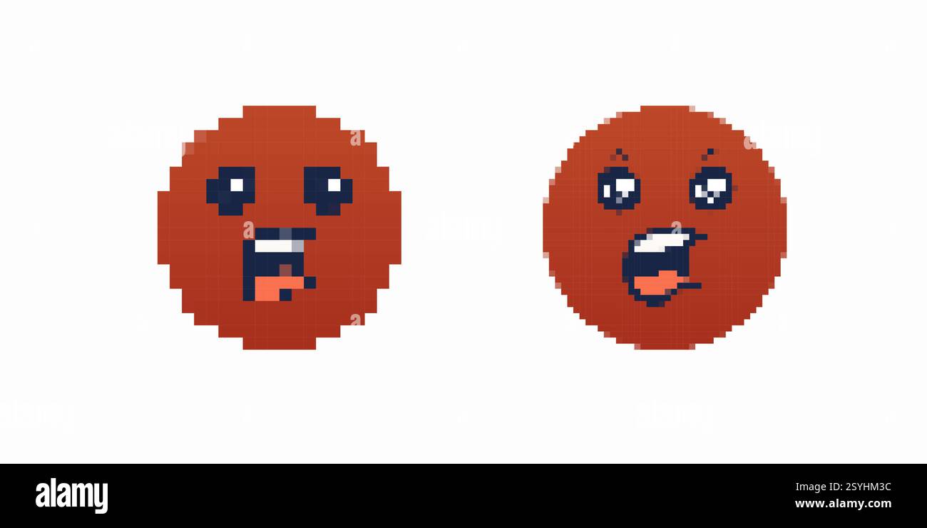 Two pixel art faces with expressive emotions in red circular shapes ...