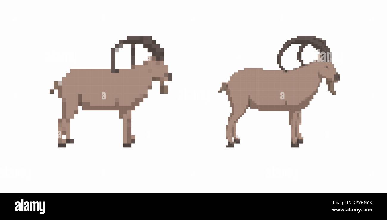 Pixel art ibex with curved horns in side view capturing unique features ...