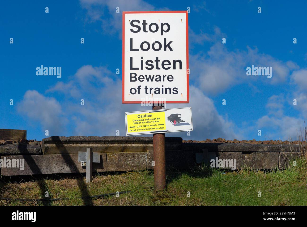 British railway Stop, Look, Listen foot crossing sign at Plumley ...