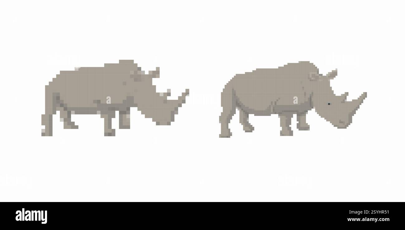Pixel art rhinoceros illustrations showing two different views of the ...