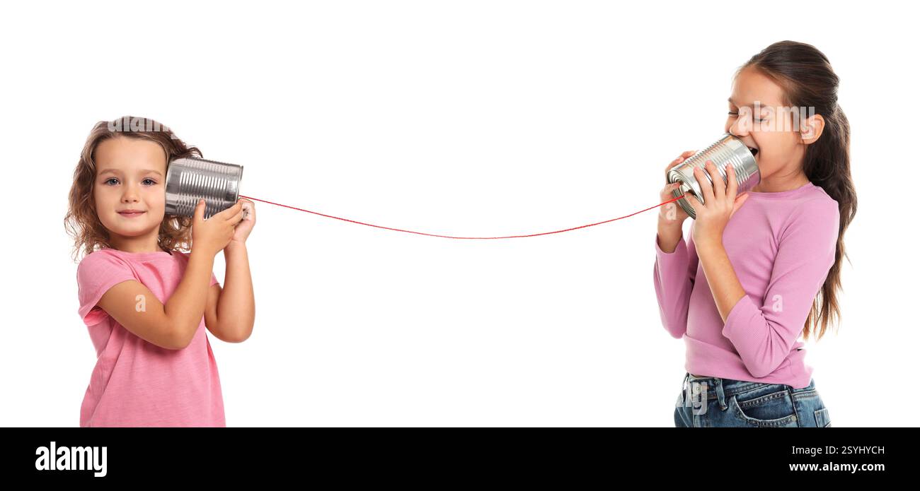 Girls using tin can telephone on white background. Banner design Stock ...