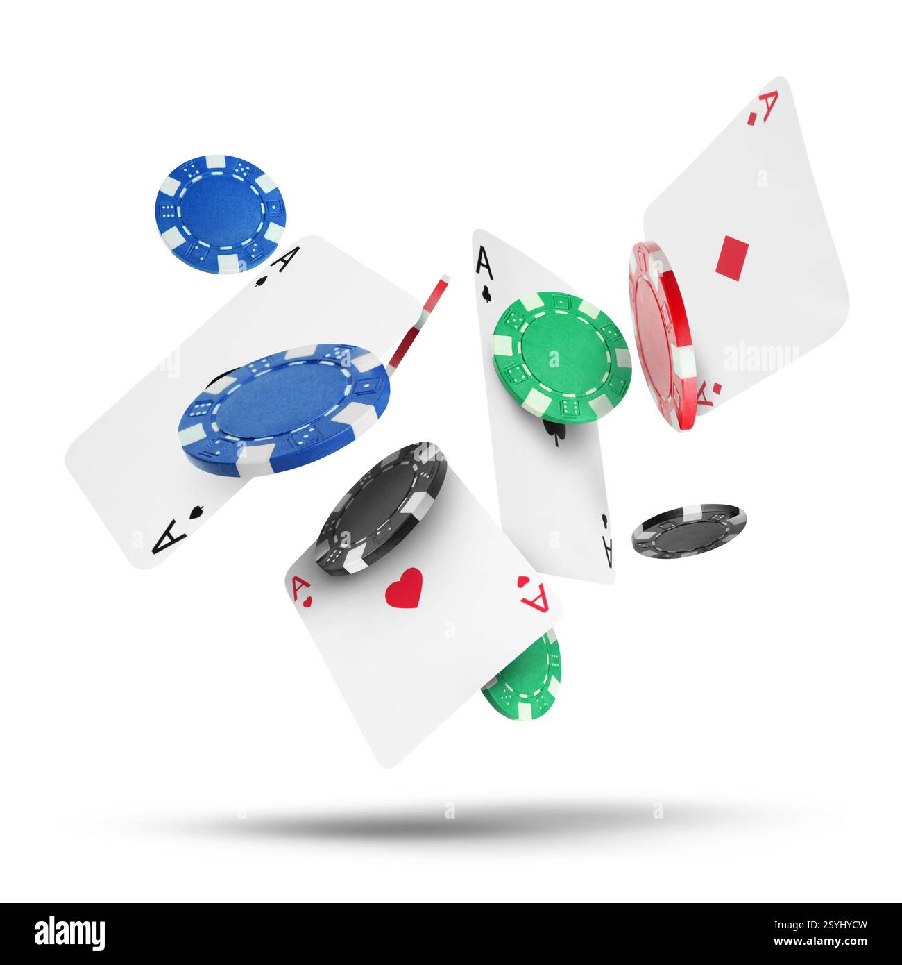 Playing cards and casino chips in air on white background. Poker game ...