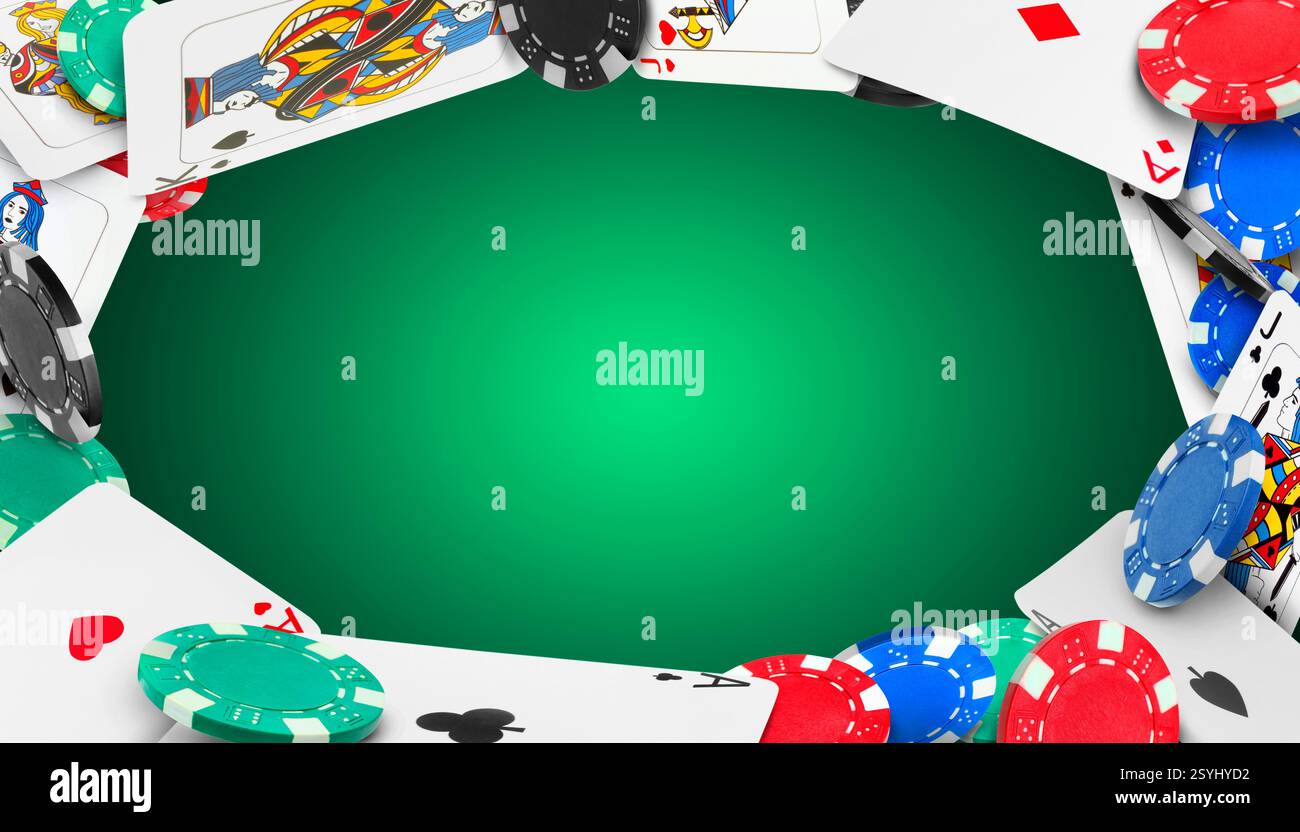 Frame made of flying cards and poker chips on green gradient background ...