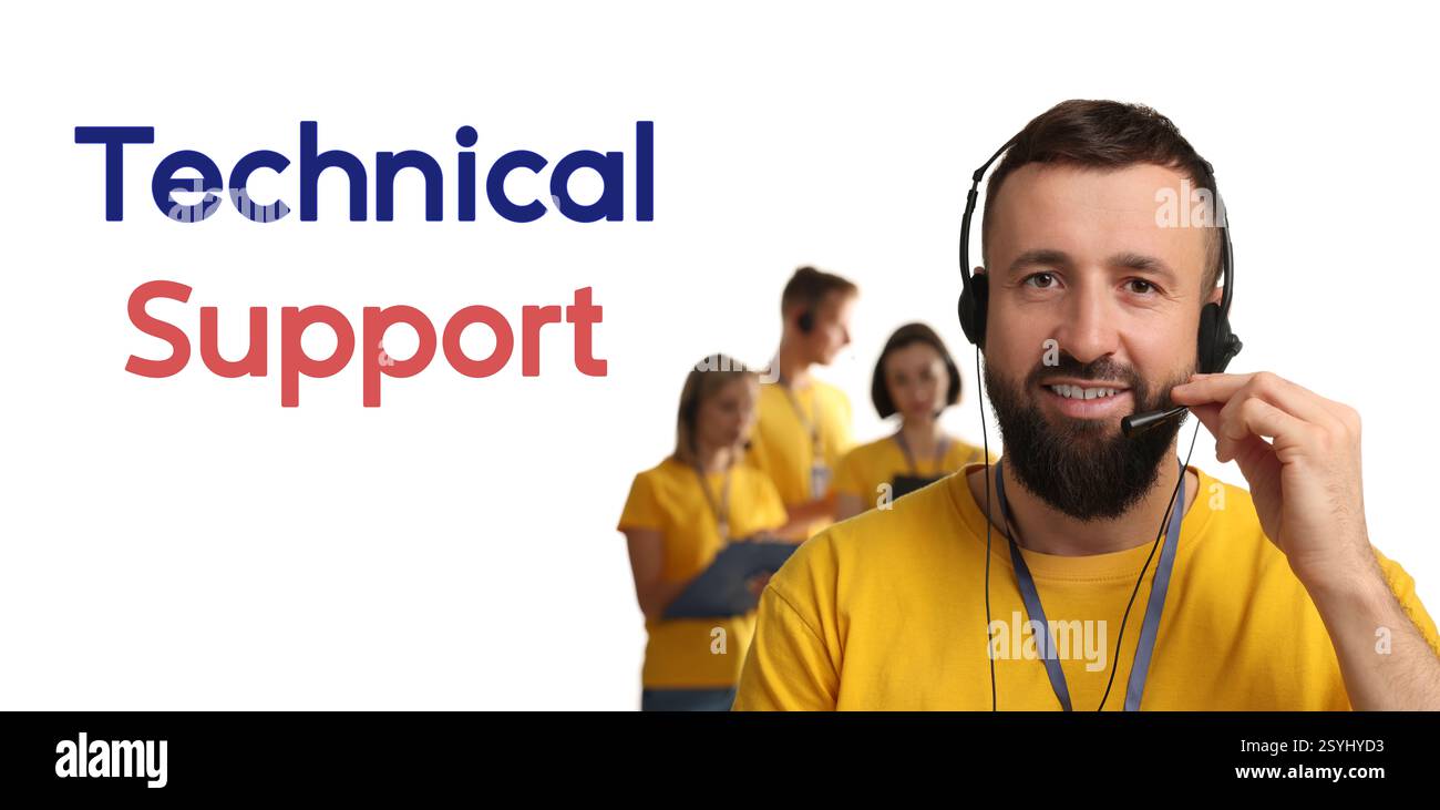 Technical support. Operators on white background, banner design Stock ...