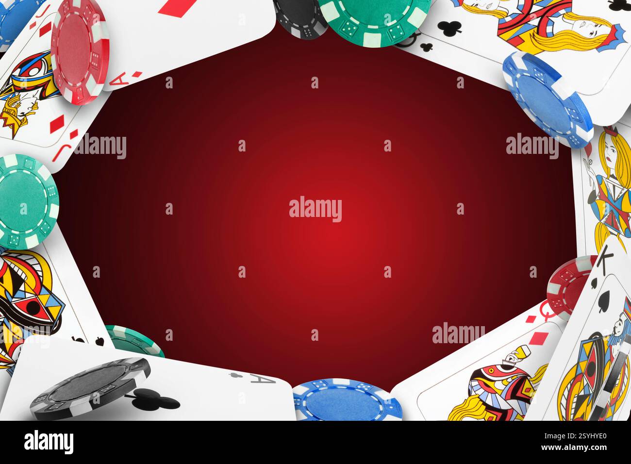 Frame made of flying cards and poker chips on red gradient background ...