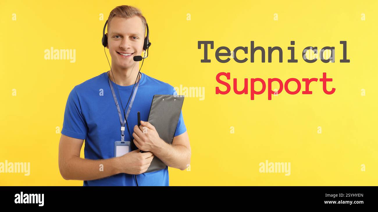 Technical support. Operator with headset on yellow background, banner ...