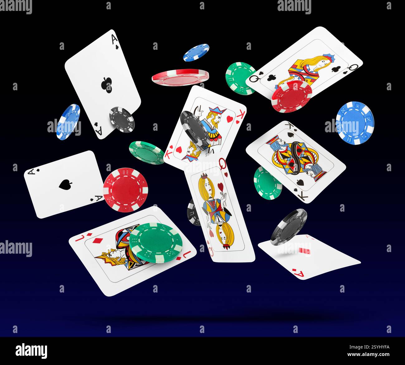 Playing cards and casino chips in air on blue gradient background ...