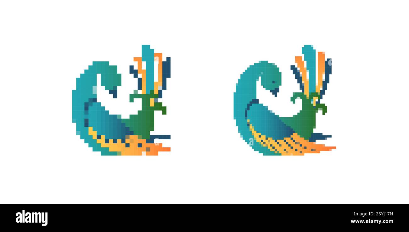 Colorful pixel art bird with vibrant tail feathers in unique artistic ...