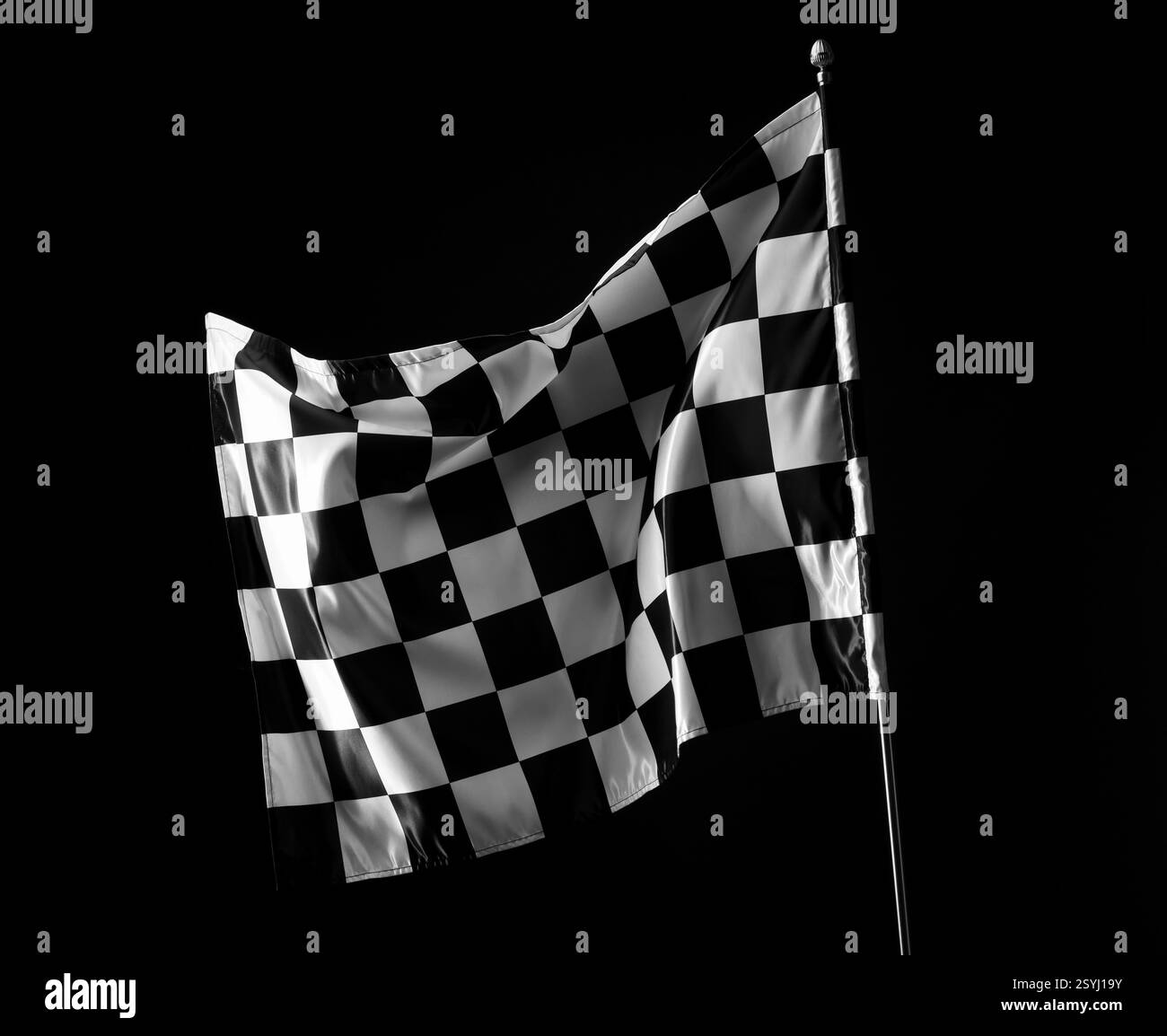 One racing checkered flag on black background Stock Photo - Alamy
