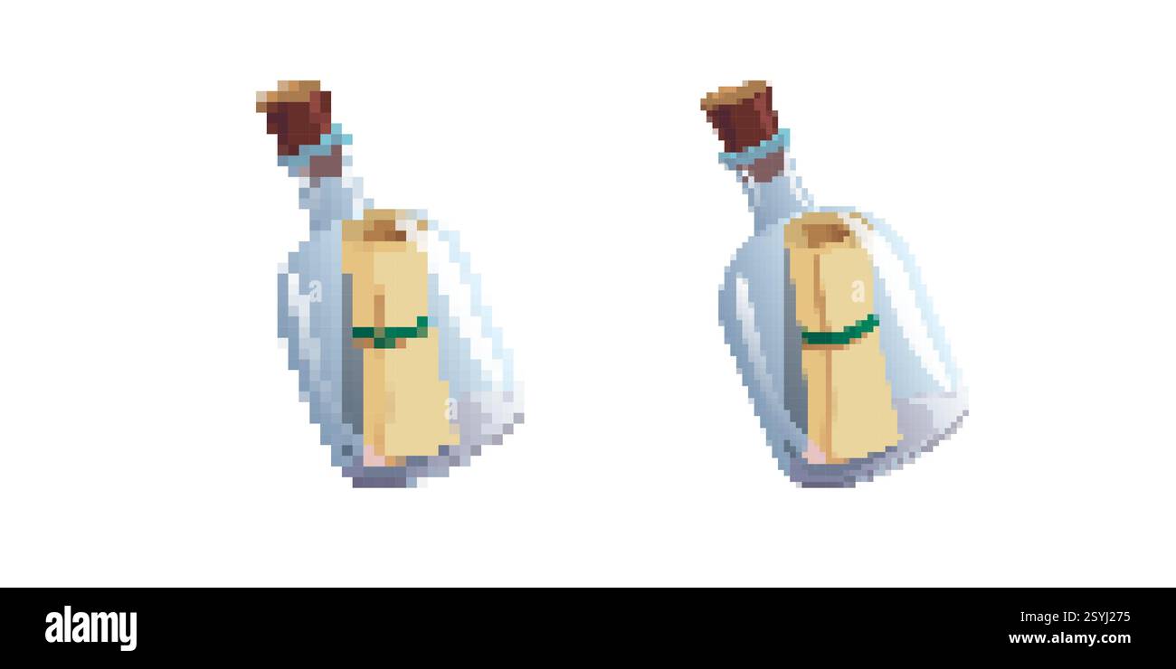 Two glass bottles with rolled paper messages and cork stoppers floating ...