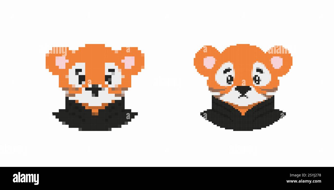 Pixel art cute red panda faces with different expressions in a simple ...