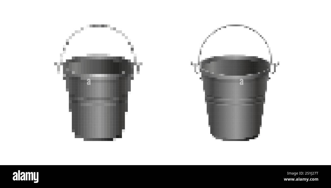 Two simple metal buckets with handles and rounded shapes in pixel art ...