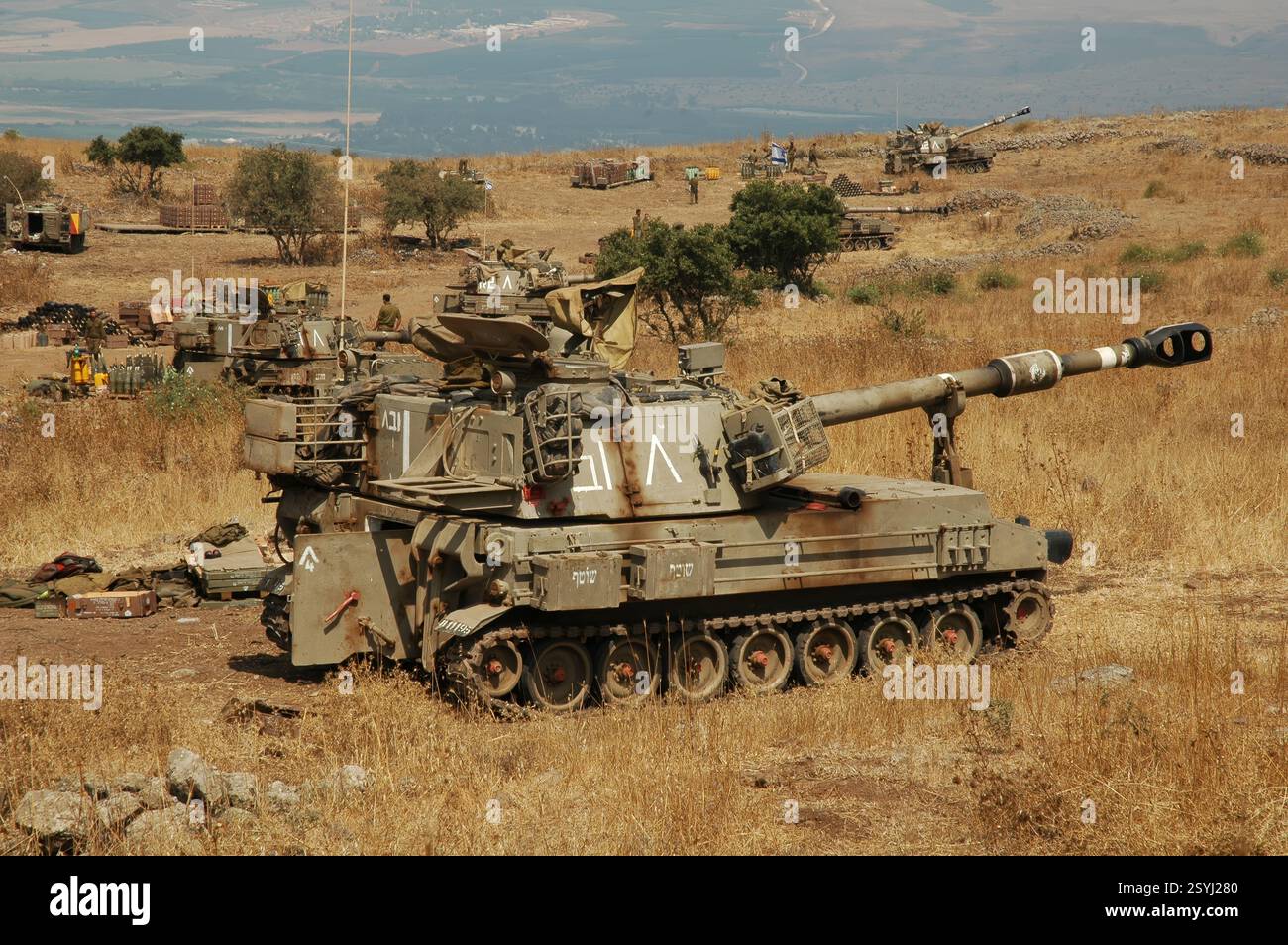 NORTHERN GALILEE - ISRAEL, July 15, 2006. Israeli M109 self-propelled howitzer artillery unit ...