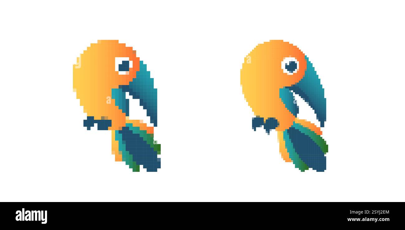 Pixel art parrot pair with bright colors and distinctive features in ...