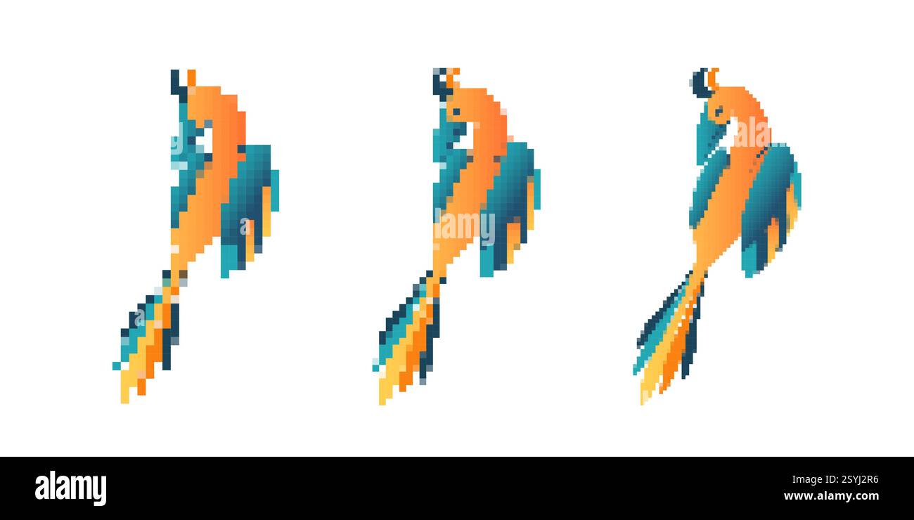 Pixel art parrot illustrations with bright orange and green color ...