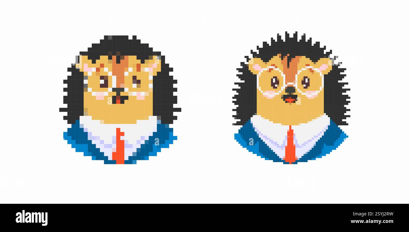 Cute pixel art hedgehogs in suits with red ties and glasses Stock ...