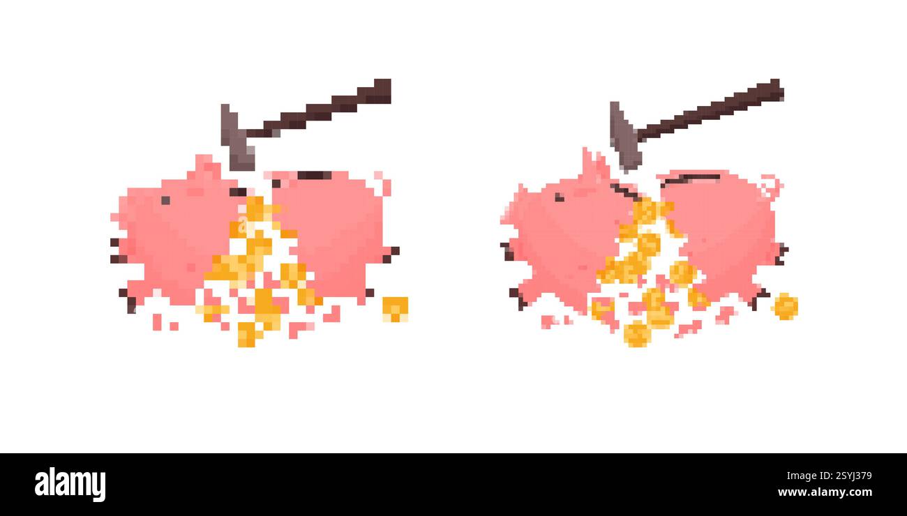 Pixel art smashed piggy bank with coins spilling out Stock Vector Image ...