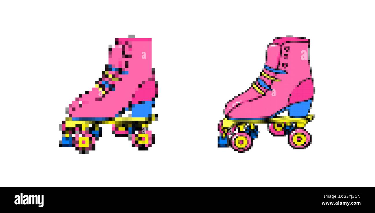 Pink roller skates side by side with pixel and clear details show ...