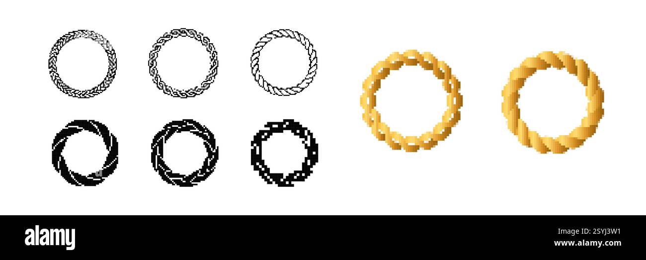 Set of round rope icons in black and gold with different patterns and ...