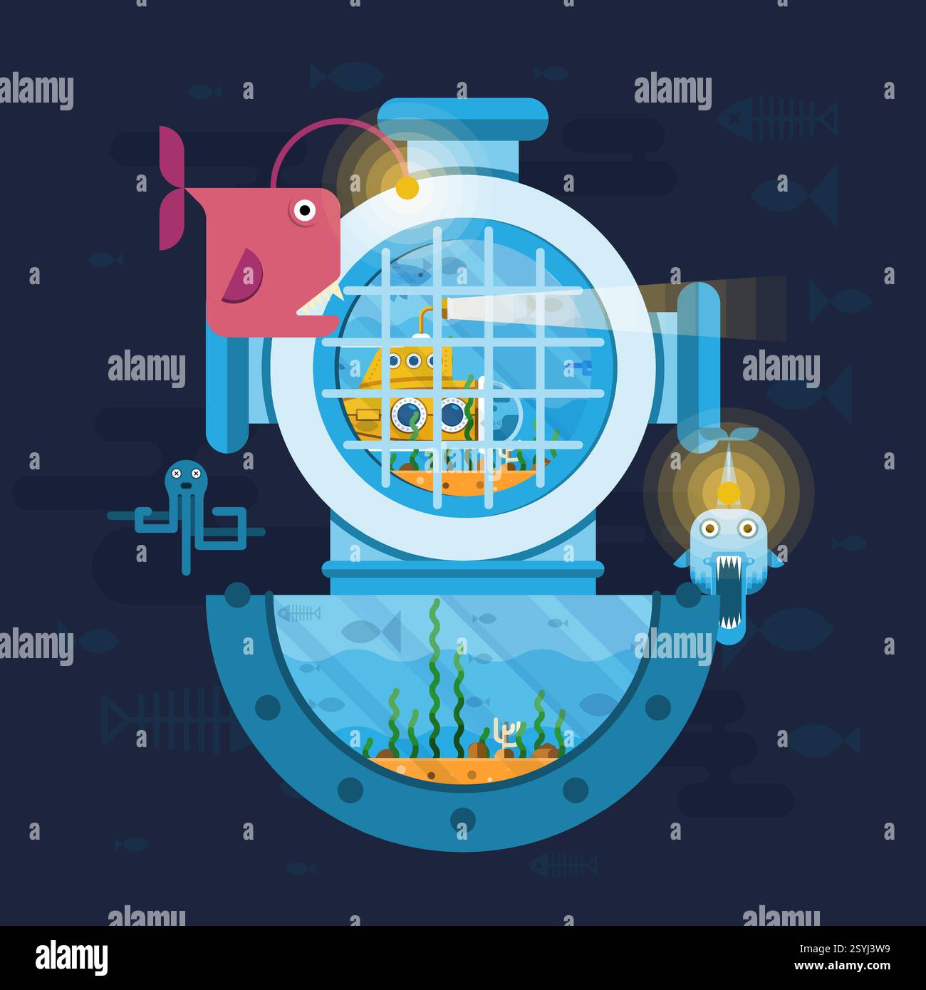 A lively underwater environment shows a yellow submarine surrounded by ...