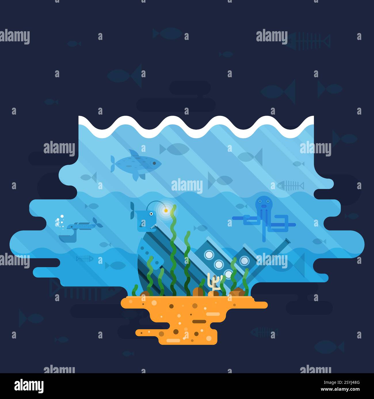 Diverse marine creatures swim around a sunken ship, with coral and ...