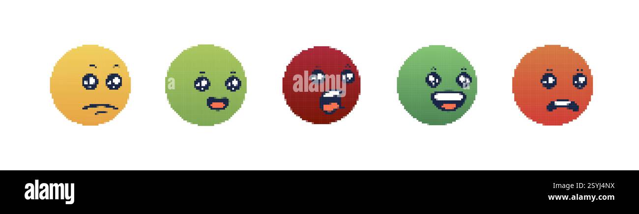Pixel art emoji faces displaying various expressions and emotions in ...