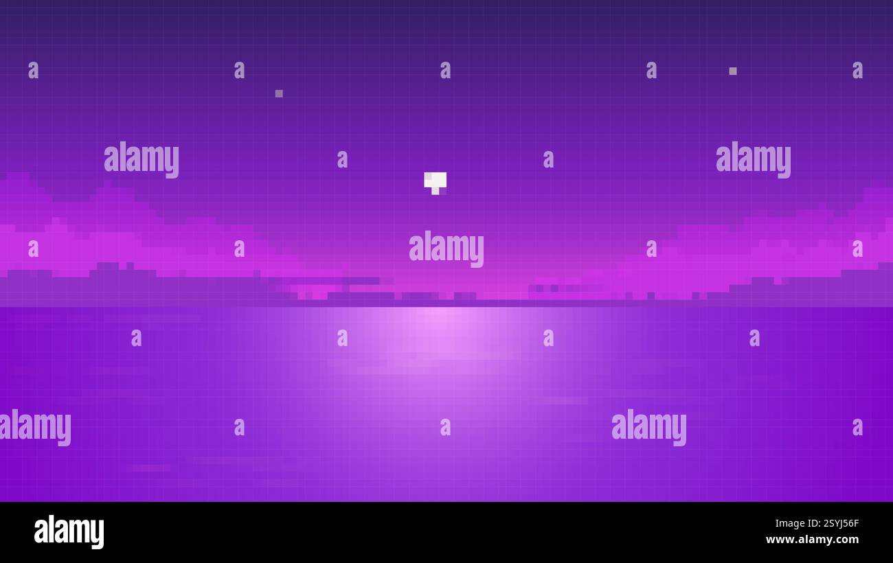 Scenic pixel art of lush purple night sky with bright stars over calm ...