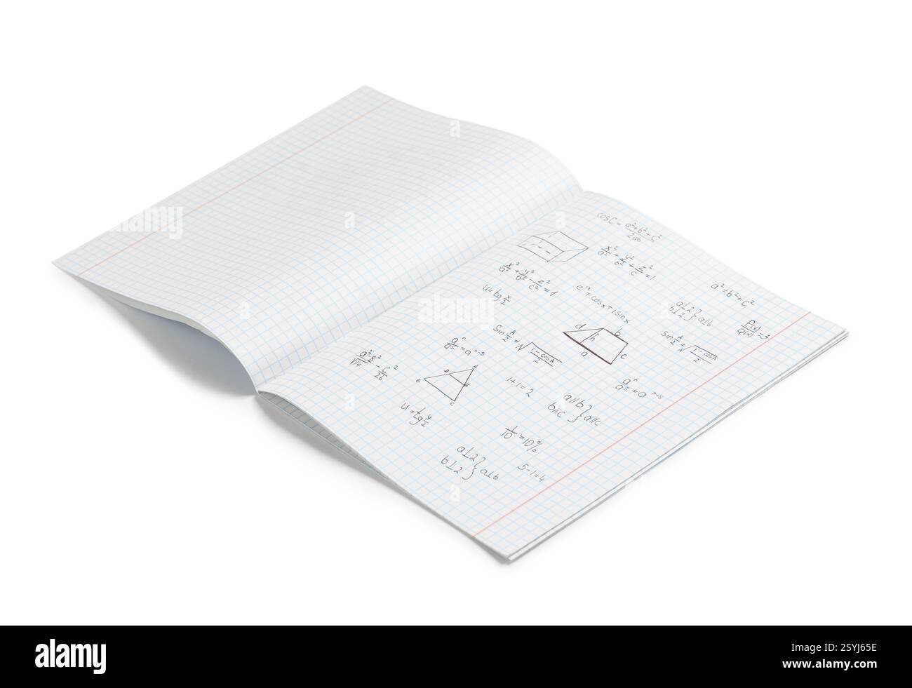 Copybook with handwritten maths formulas isolated on white background ...