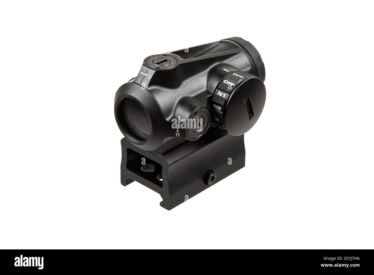 Black tactical red dot sight with orange-tinted lens, mounted on a rail ...