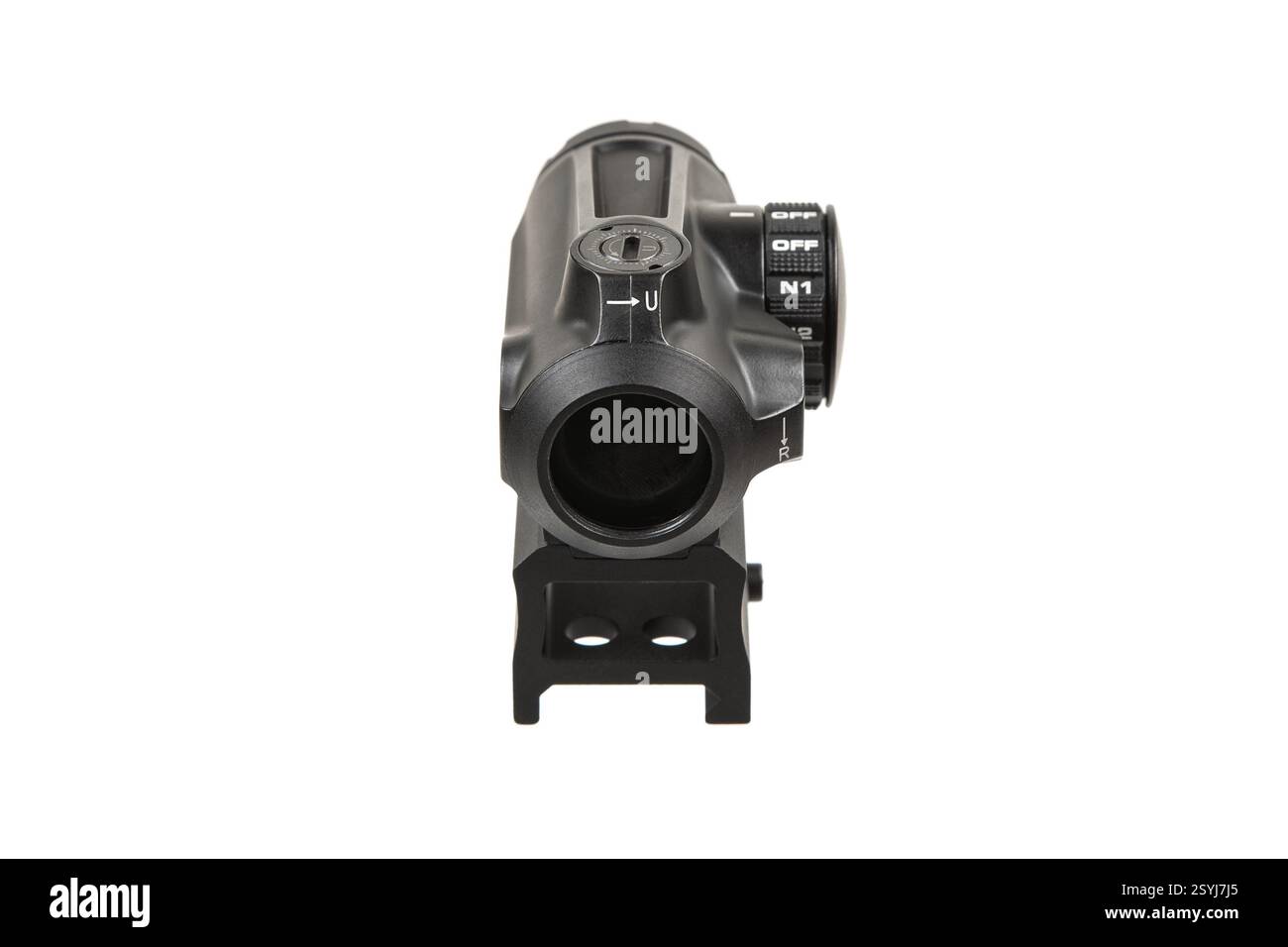 Black tactical red dot sight with orange-tinted lens, mounted on a rail ...