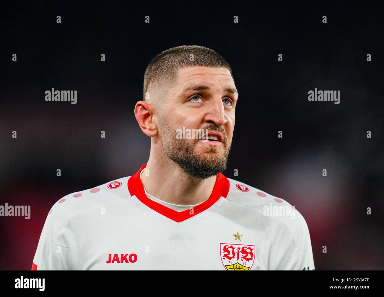 February 28 2025: Jeff Chabot of VfB Stuttgart looks on during a 1 ...