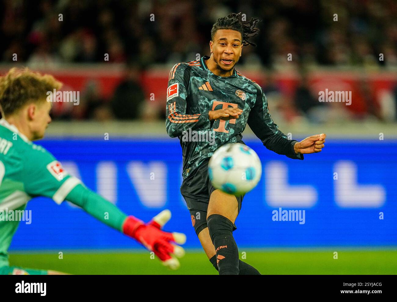 MHP Arena, Stuttgart, Germany. 28th Feb, 2025. Michael Olise of Bayern ...