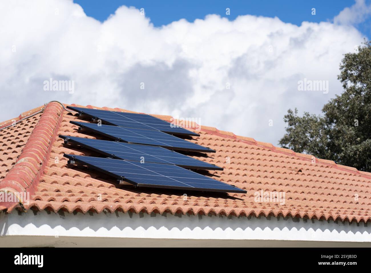 Photovoltaic panels converting sunlight into electricity on a ...