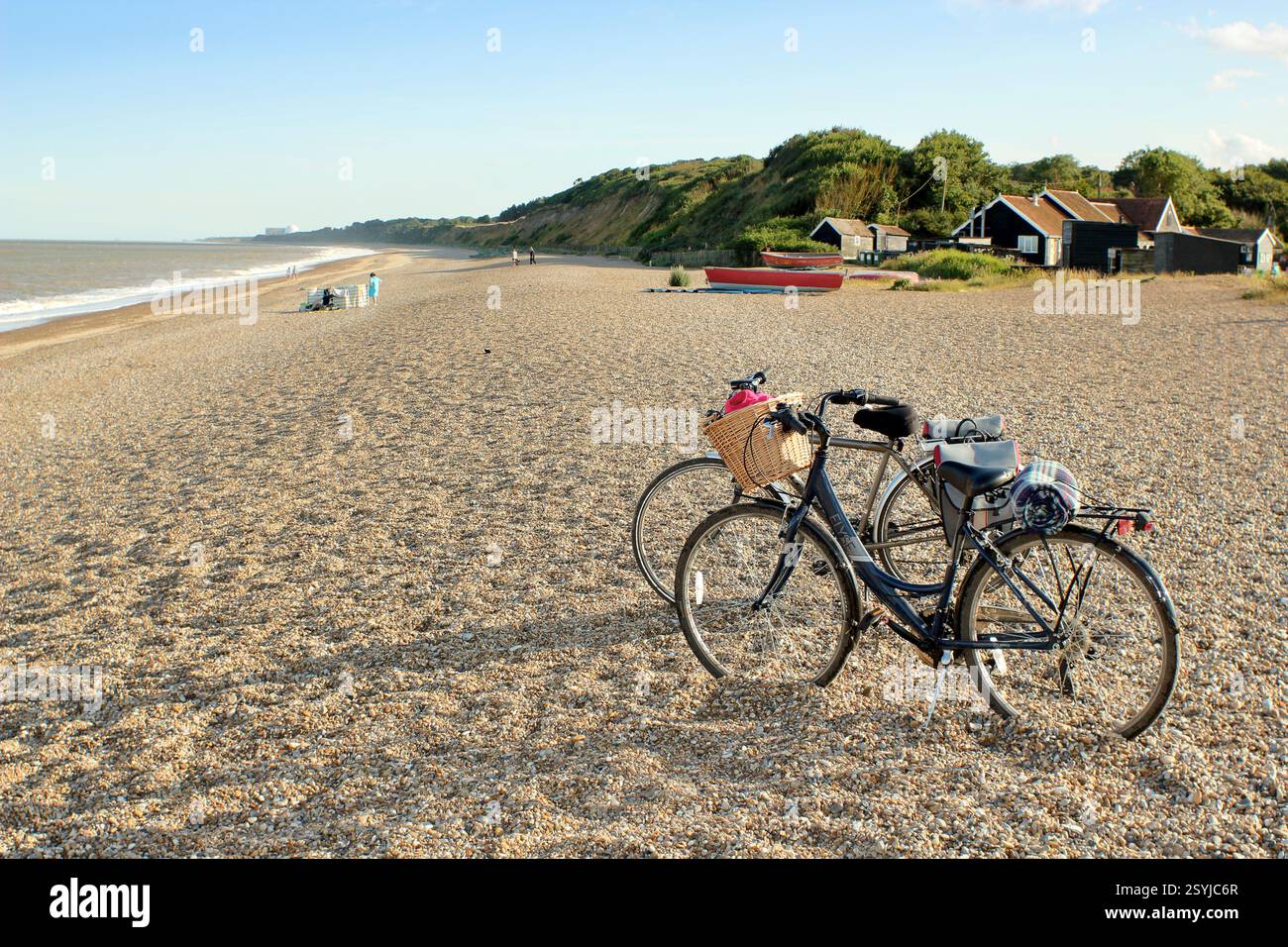 Dunwich beach. Bicycles on the shingle beach near the Flora tea rooms ...