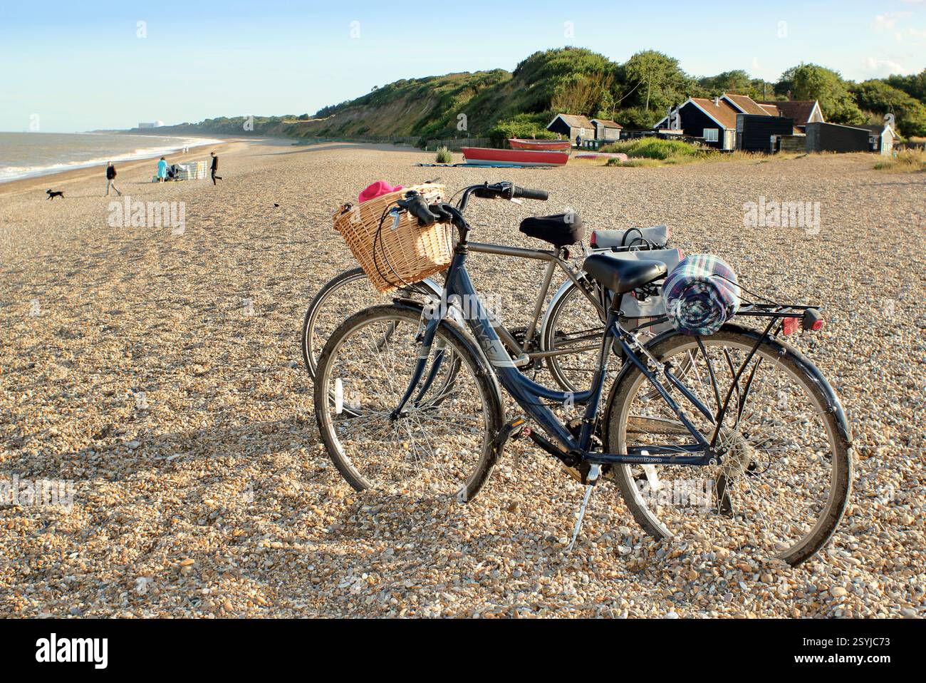 Dunwich beach. Bicycles on the shingle beach near the Flora tea rooms ...