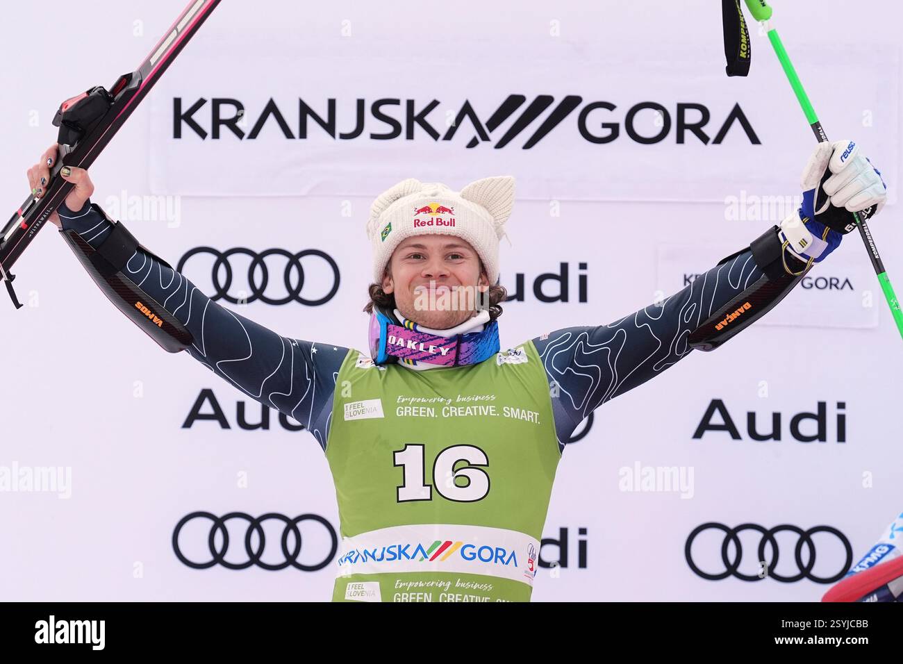 Brazil's Lucas Pinheiro Braathen celebrates on the podium after taking ...
