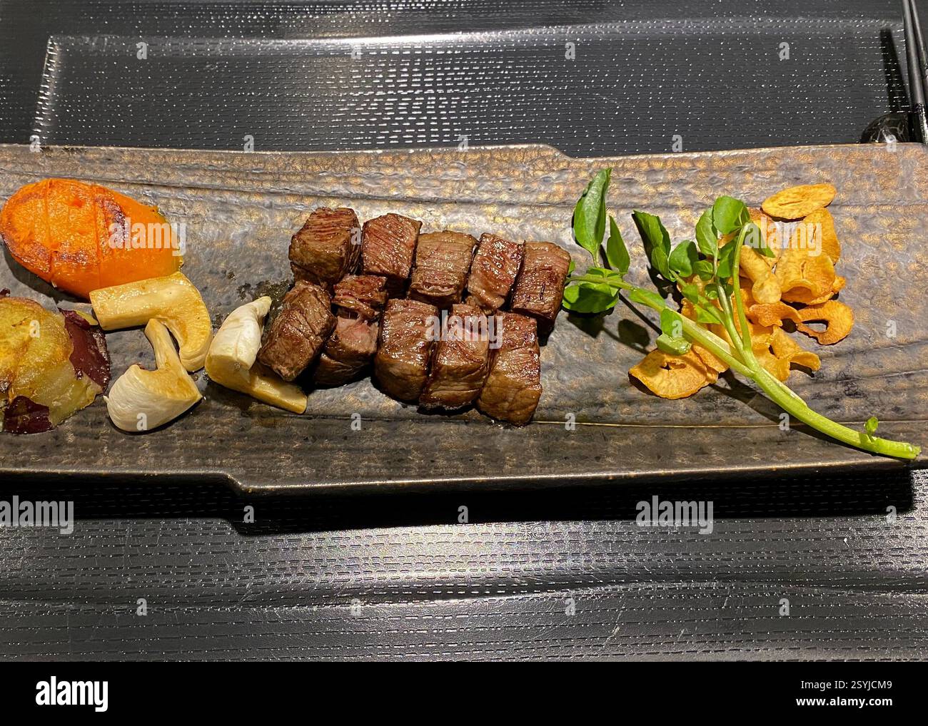Teppanyaki dish with premium quality Hitachi Wagyu beef and grilled ...