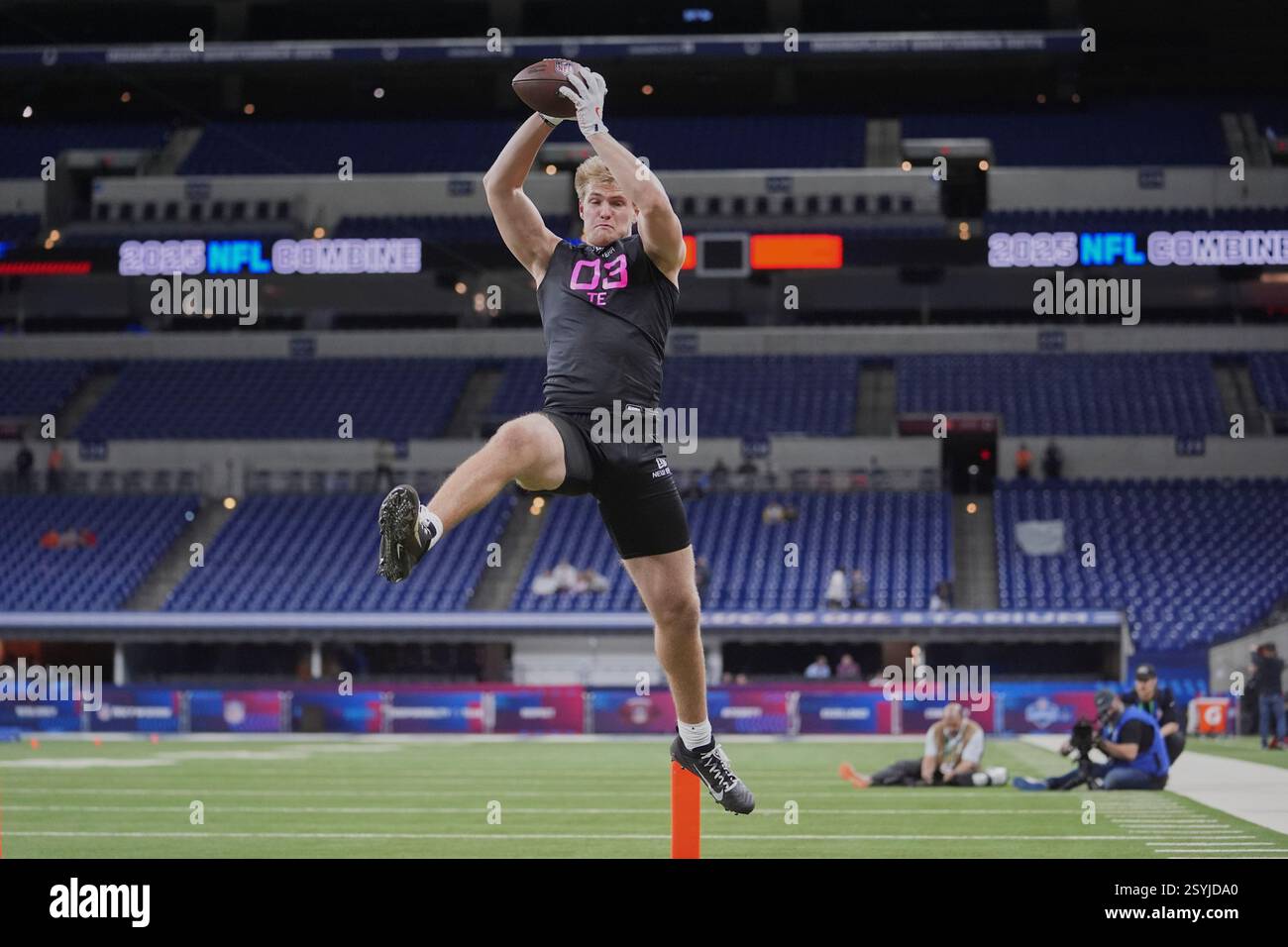 Clemson tight end Jake Briningstool runs a drill at the NFL football ...