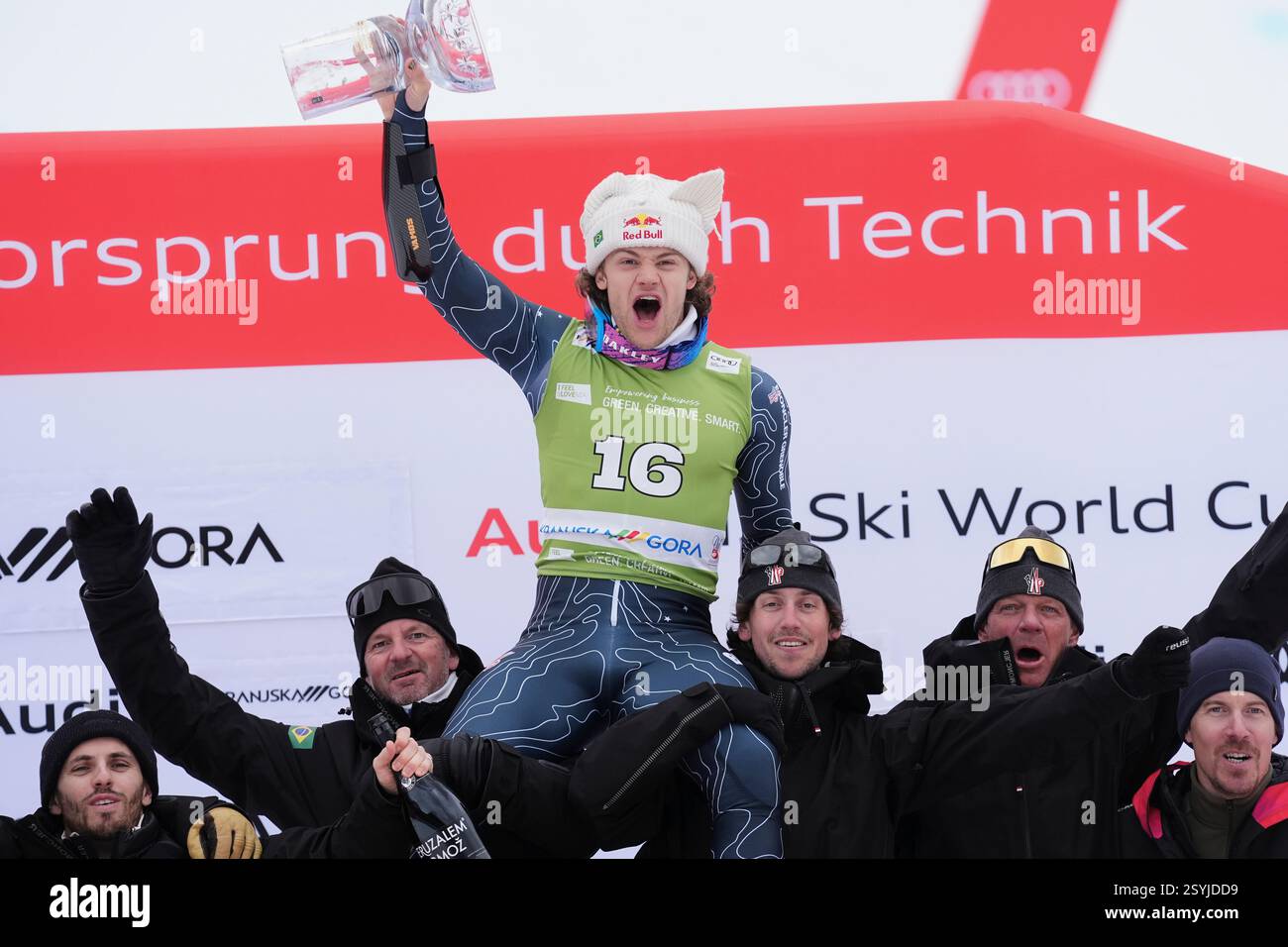Brazil's Lucas Pinheiro Braathen celebrates with the team after taking ...