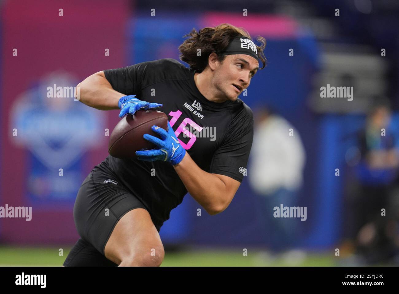 UCLA tight end Moliki Matavao runs a drill at the NFL football scouting ...