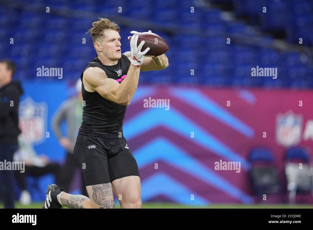 Nebraska tight end Thomas Fidone II runs a drill at the NFL football ...
