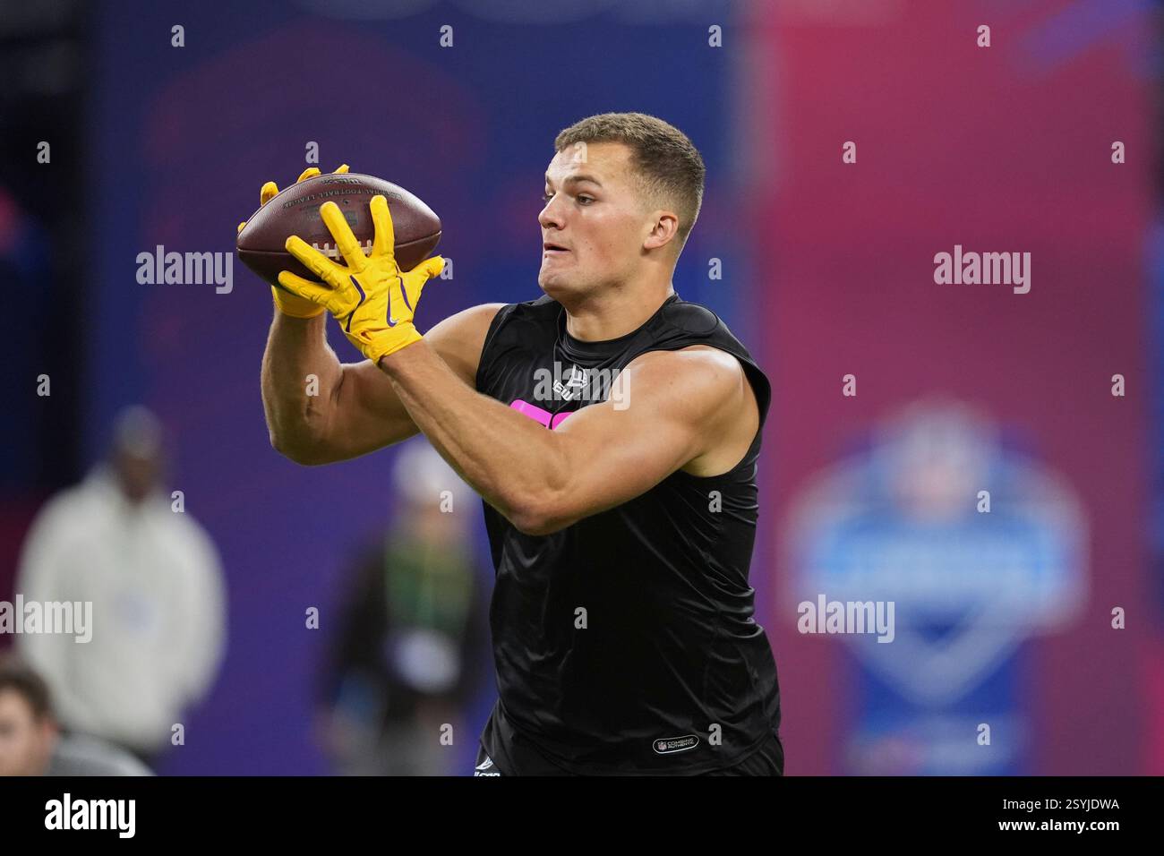 LSU tight end Mason Taylor runs a drill at the NFL football scouting ...