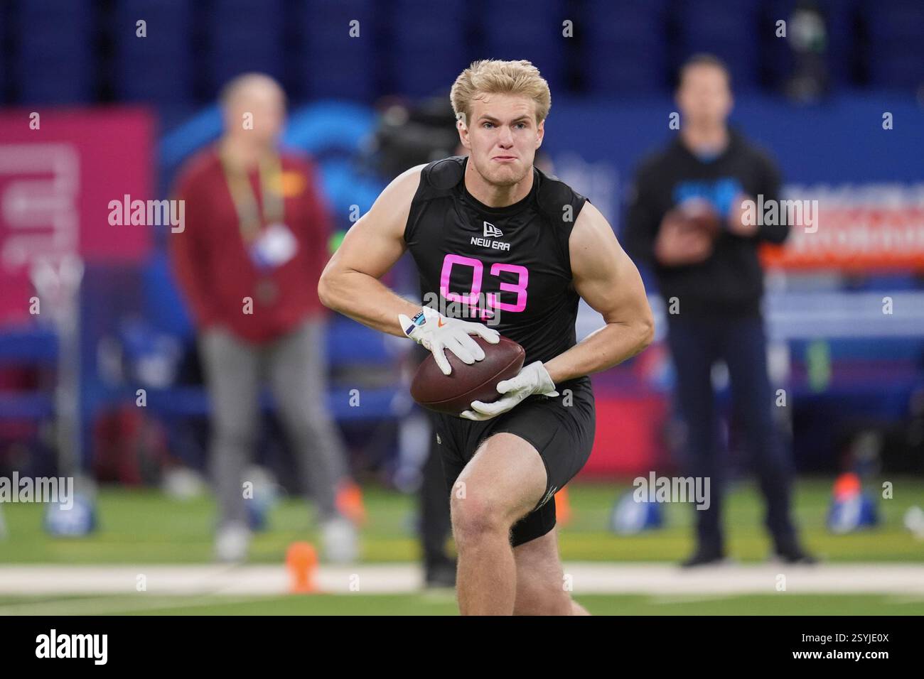 Clemson tight end Jake Briningstool runs a drill at the NFL football ...