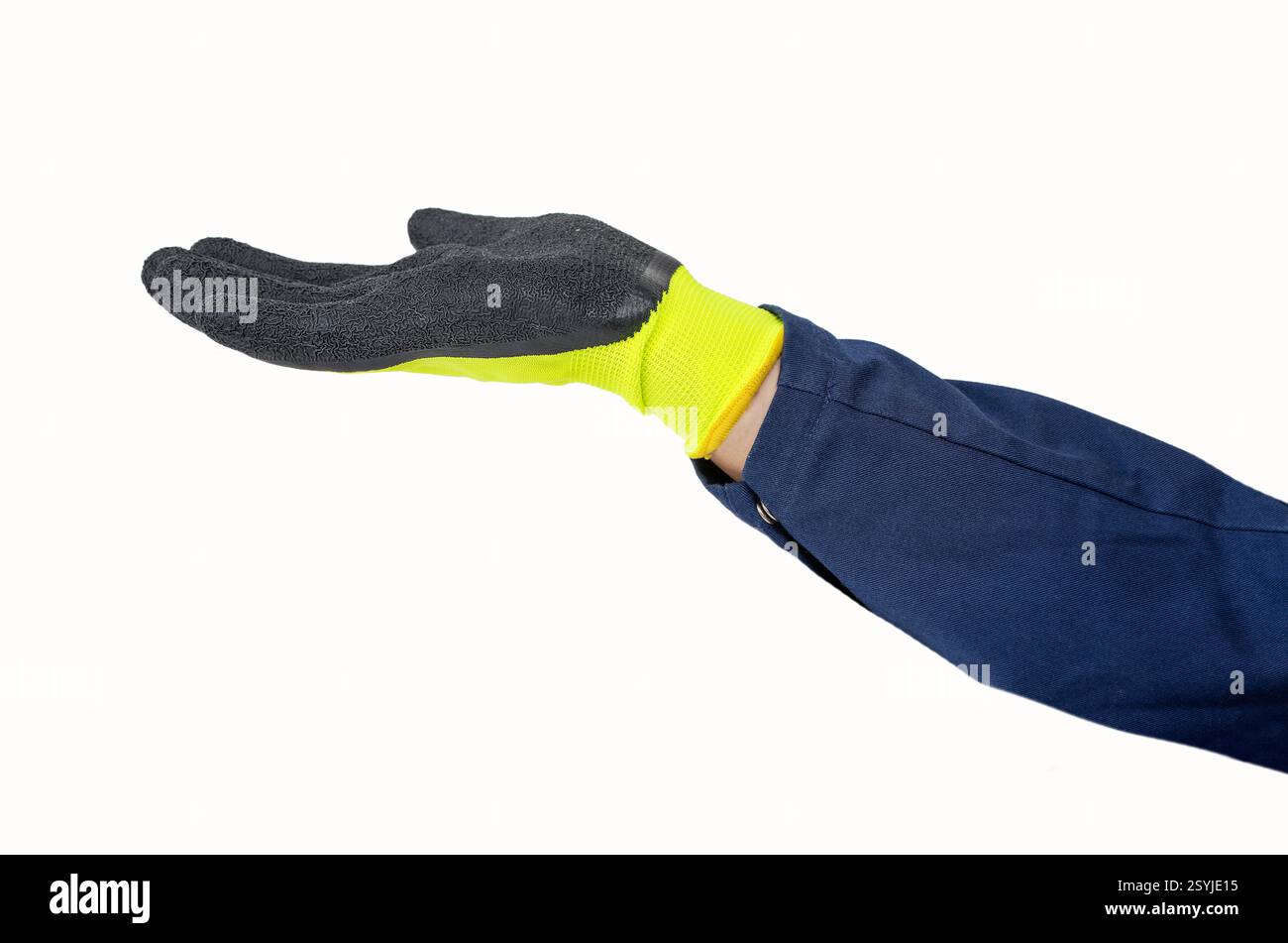 Handyman hand with palm up in a white isolated background.Yellow and ...