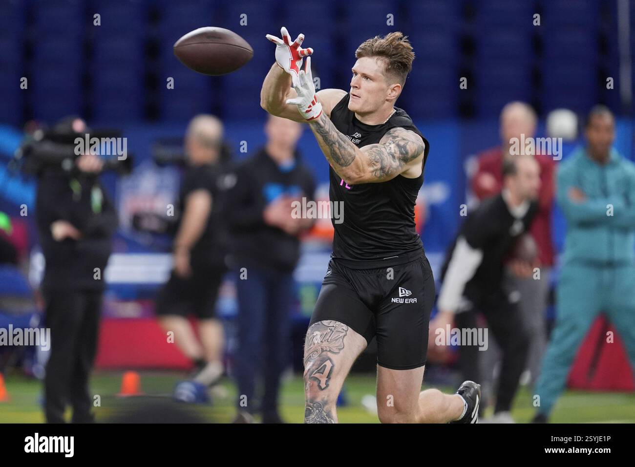 Nebraska tight end Thomas Fidone II runs a drill at the NFL football ...