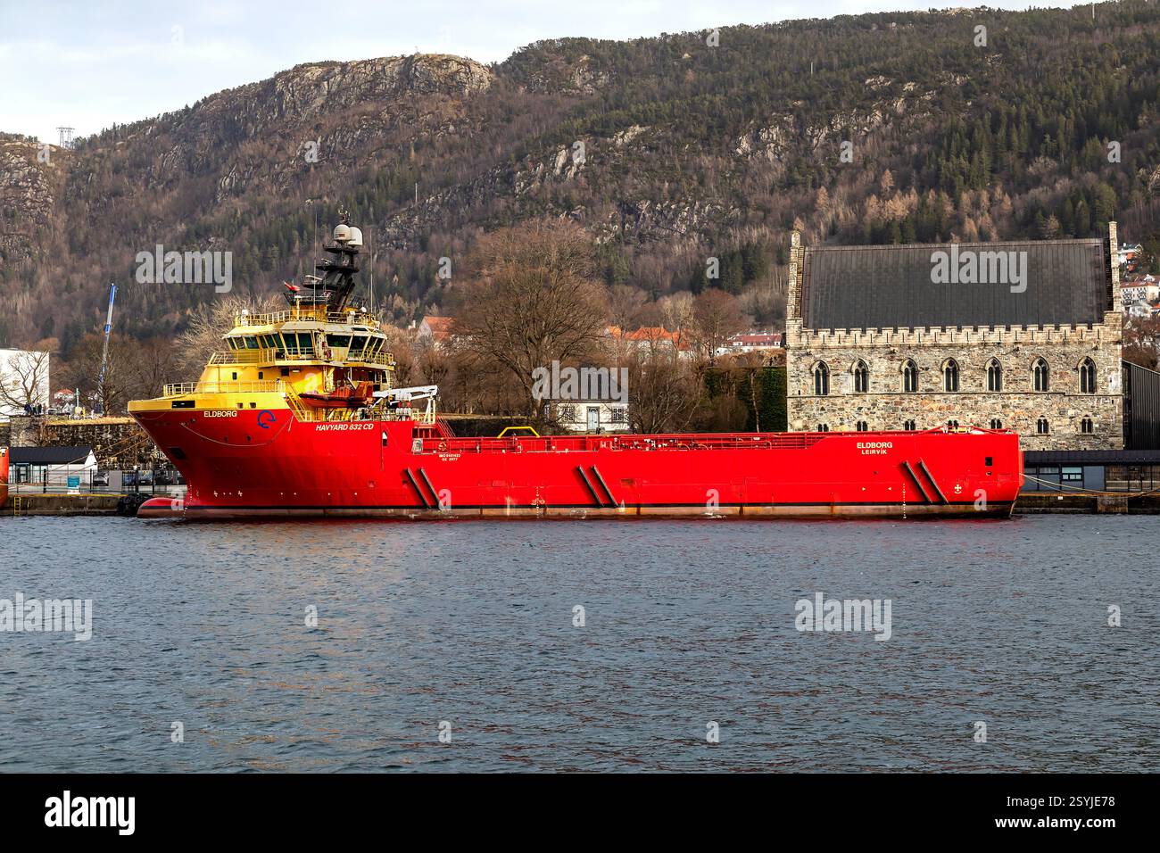 Offshore PSV platform supply vessel Eldborg at Festningskaien quay, in ...
