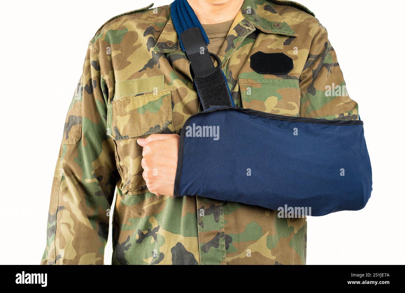 Close up of unrecognizable military wearing arm sling against white ...