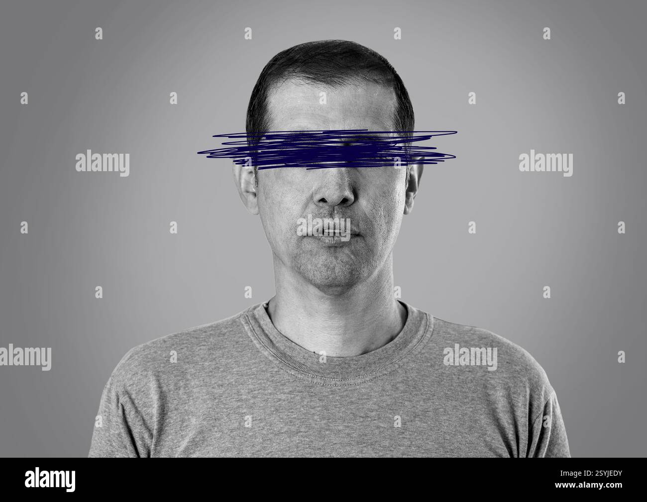 Close-up of a man with lines on his eyes made with a blue pen in a ...