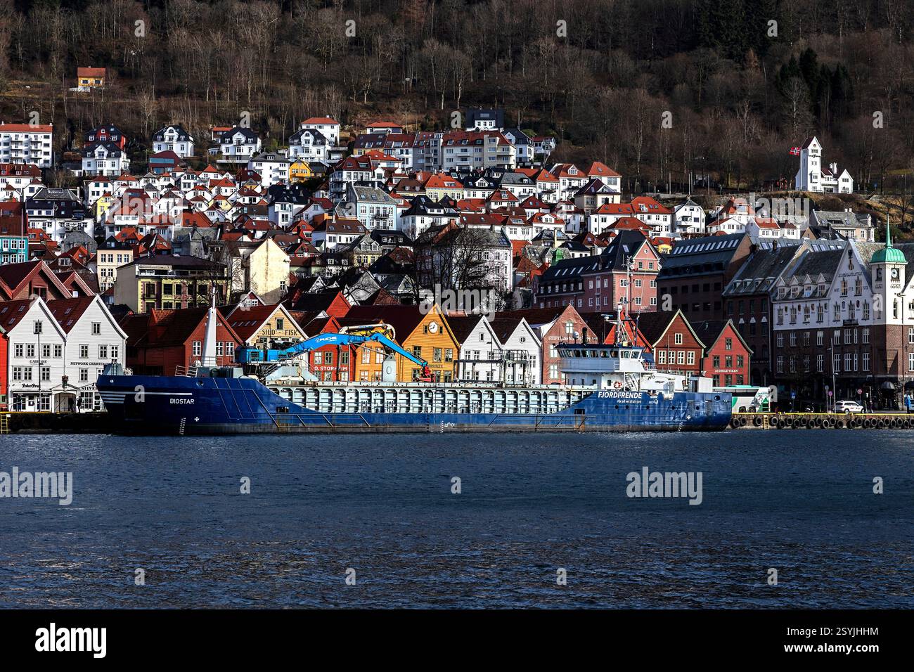 General cargo vessel Biostar, at the Hanseatic Bryggen quay in the port ...