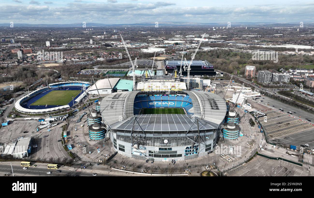 An aerial view of the Etihad Stadium showing the extension works to the ...
